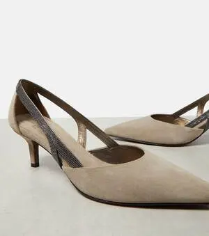 Brunello Cucinelli Embellished Suede Slingback Pumps