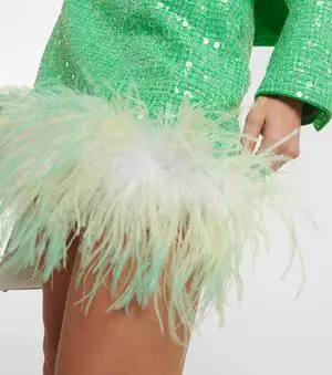 SELF-PORTRAIT Feather-trimmed Sequined Boucle Mini Skirt