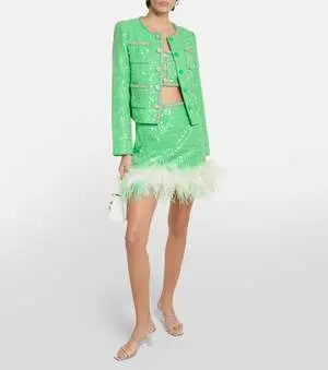 SELF-PORTRAIT Feather-trimmed Sequined Boucle Mini Skirt