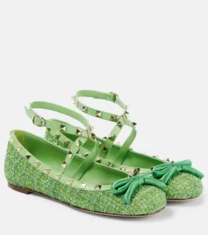 Valentino Garavani Rockstud Tweed Ballerina Flats - Green