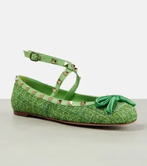 Valentino Garavani Rockstud Tweed Ballerina Flats - Green