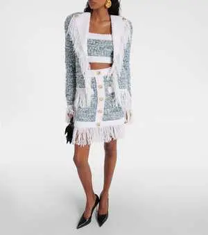Balmain Fringed Denim Tweed Miniskirt - Blue