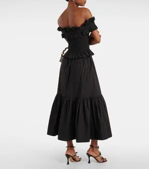 GANNI Smocked Off-shoulder Cotton Poplin Top