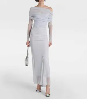 Christopher Esber Veiled Off-shoulder Tulle Maxi Dress
