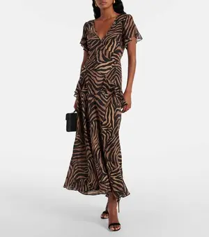 Rixo Evie Printed Silk Midi Dress - Black