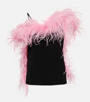 Attico Feather-trimmed Knitted Top - Black