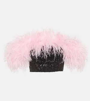 SELF-PORTRAIT Feather-trimmed Sequined Crop Top - Multicoloured