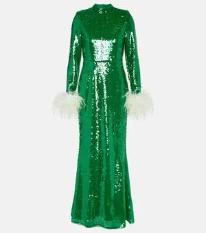 SELF-PORTRAIT Sequined Gown With Feather Trim