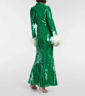 SELF-PORTRAIT Sequined Gown With Feather Trim