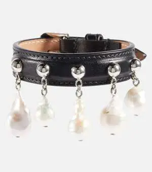 Alaïa Leather Bracelet With Faux Pearl Pendants - Black