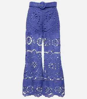 Zimmermann Pop Embroidered Linen Cropped Pants - Blue