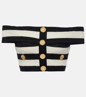 Balmain Striped Off-shoulder Crop Top - White