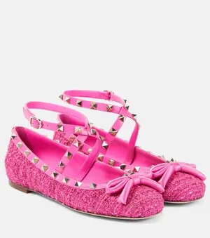 Valentino Garavani Rockstud Leather-trimmed Boucle Ballet Flats - Pink
