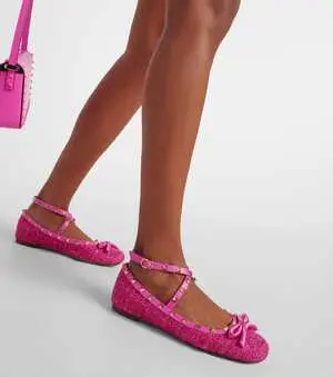 Valentino Garavani Rockstud Leather-trimmed Boucle Ballet Flats - Pink