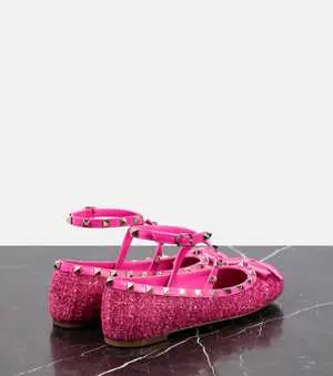 Valentino Garavani Rockstud Leather-trimmed Boucle Ballet Flats - Pink