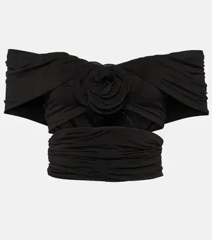 Magda Butrym Off-shoulder Ruched Floral Crop Top