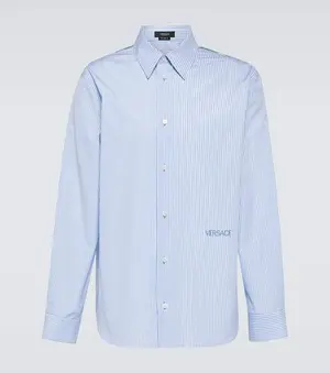 Versace Embroidered Pinstriped Cotton Shirt - Blue