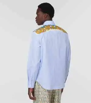 Versace Embroidered Pinstriped Cotton Shirt - Blue