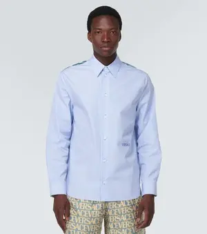 Versace Embroidered Pinstriped Cotton Shirt - Blue