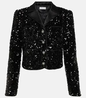 SELF-PORTRAIT Sequined Cropped Jacket - Black