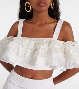 Carolina Herrera Embroidered Ruffled Cotton Crop Top