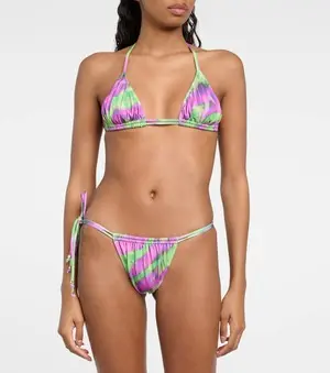 BANANHOT Ruched Triangle Bikini Bottoms In Green Purple Jungle Print