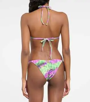 BANANHOT Ruched Triangle Bikini Bottoms In Green Purple Jungle Print