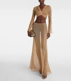 SELF-PORTRAIT Crystal-embellished Mesh Maxi Skirt