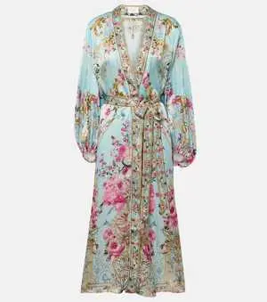 Camilla Embellished Floral Silk Satin Robe - Multicoloured