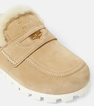 Miu Miu Shearling-lined Suede Slippers - Beige