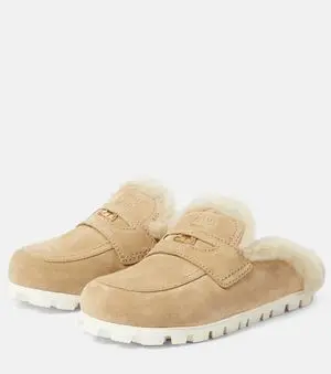 Miu Miu Shearling-lined Suede Slippers - Beige