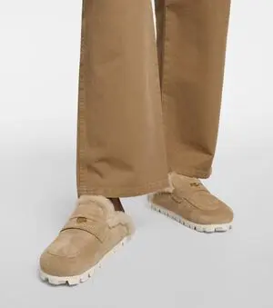 Miu Miu Shearling-lined Suede Slippers - Beige