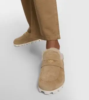 Miu Miu Shearling-lined Suede Slippers - Beige