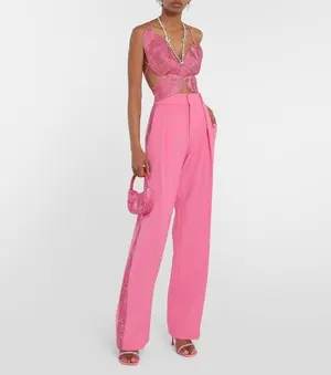 AREA Embellished Wool Wide-leg Pants