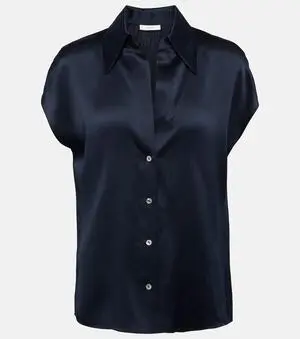 Vince Ruched Silk Satin Blouse - Blue