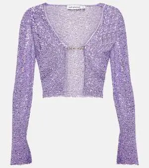 SELF-PORTRAIT Sequined Cropped Cardigan - Purple