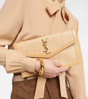 Saint Laurent Uptown Raffia Clutch - Neutrals
