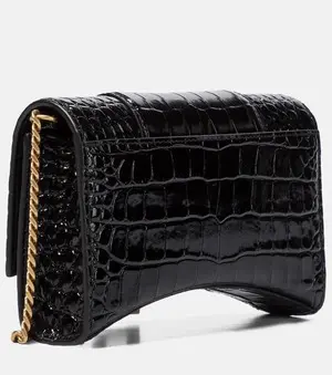 Balenciaga Hourglass Croc-effect Leather Wallet On Chain - Black