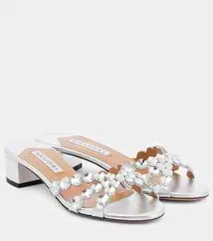 AQUAZZURA Crystal Mirage Embellished Leather Mules - Silver
