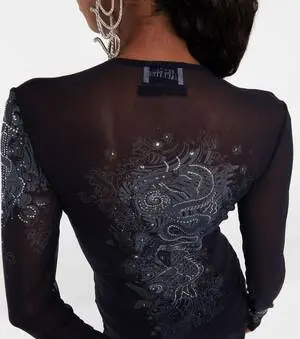 JEAN PAUL GAULTIER Crystal-embellished Printed Mesh Top