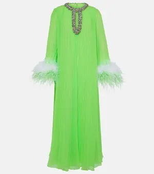SELF-PORTRAIT Pleated Feather-trimmed Chiffon Gown