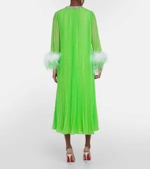 SELF-PORTRAIT Pleated Feather-trimmed Chiffon Gown