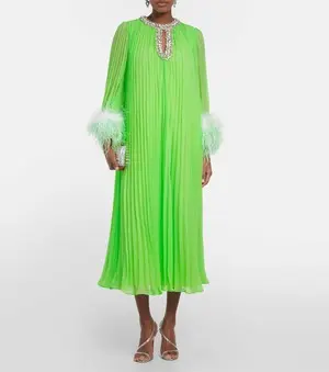 SELF-PORTRAIT Pleated Feather-trimmed Chiffon Gown