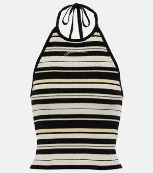 GANNI Logo Ribbed-knit Halterneck Top