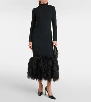 David Koma Feather-trimmed Cady Midi Dress