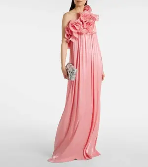 Costarellos Charmain Plisse Georgette Gown - Pink