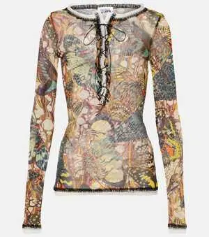 JEAN PAUL GAULTIER Printed Lace-trimmed Mesh Top