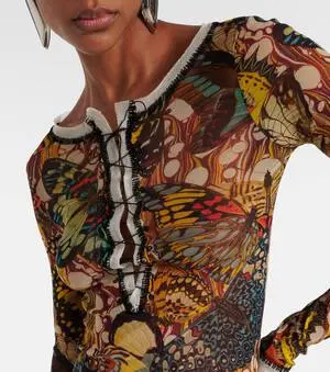 JEAN PAUL GAULTIER Printed Lace-trimmed Mesh Top