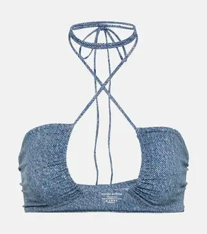 Magda Butrym Denim-printed Halterneck Bikini Top - Blue