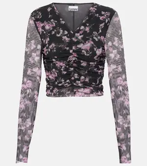 GANNI Ruched Floral Mesh Crop Top - Multicoloured